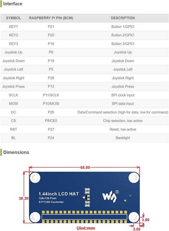1.44 Inch LCD Display HAT voor Raspberry Pi Zero - 128x128 SPI ...