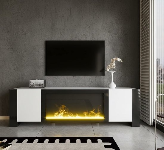 TV-meubel met Elektrische Open Haard – Hoogglans Wit en Zwart ...