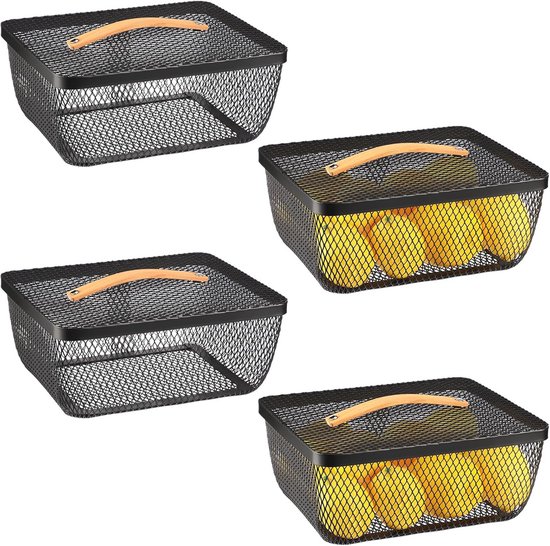Metalen gaas manden met deksel en houten handvat - 4 stuks voor keuken ...