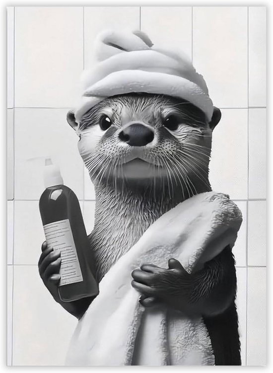 Grappige poster voor badkamerdecoratie - Otter met badmuts - 20 x 30 cm ...