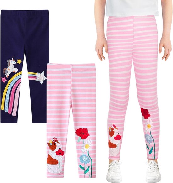 Meisjes Leggings 2-Pack Katoen Ademend met Geborduurd Eenhoorn Patroon ...