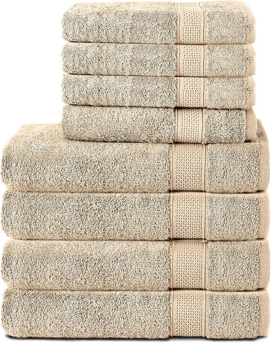 Set van 8 Handdoeken in Beige - 100% Katoen - Diverse Maten | bol