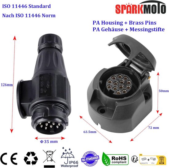 13-polige aanhangwagen stekker en stopcontact 12V waterdicht ISO 11446 ...