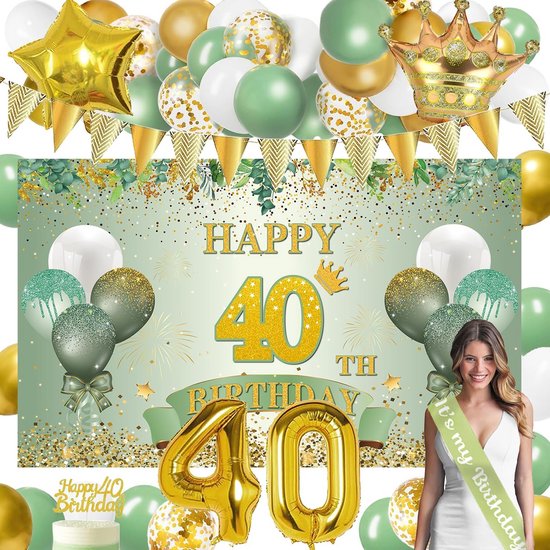 40e Verjaardagsdecoratieset in Saliegroen - Happy Birthday Banner ...