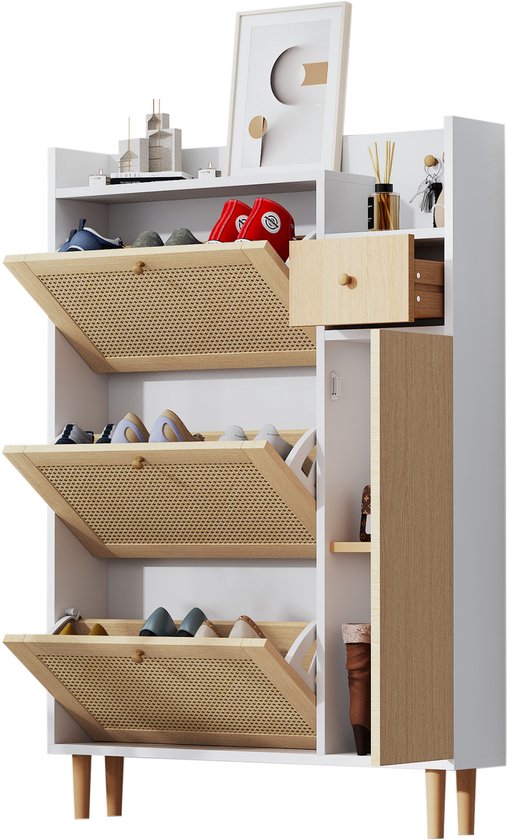 Schoenenkast - 90x125x17 cm - Rattan Met 3 Kippen en Lade - Smal Voor ...