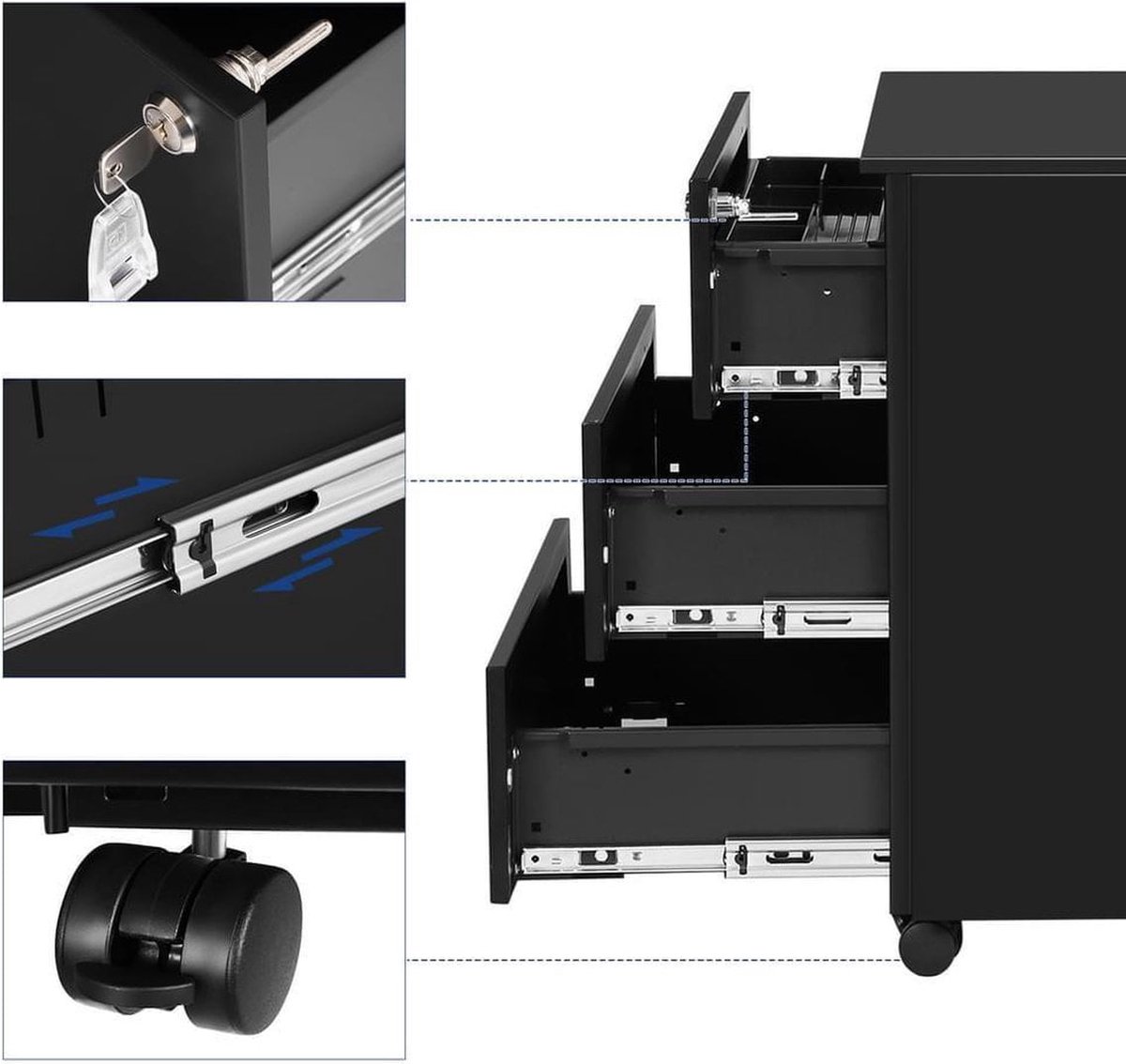 Songmics Ladeblok Zwart - rolcontainer met Slot en 3 Lades | bol.com