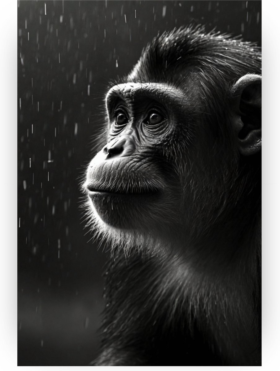 Aap in de regen schilderij - Aap wanddecoratie - Schilderijen zwart wit ...