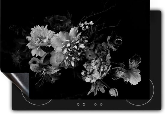 Chefcare Inductie Beschermer Diverse Bloemen op Zwart Achtergrond - Zwart Wit - 95x55... | bol