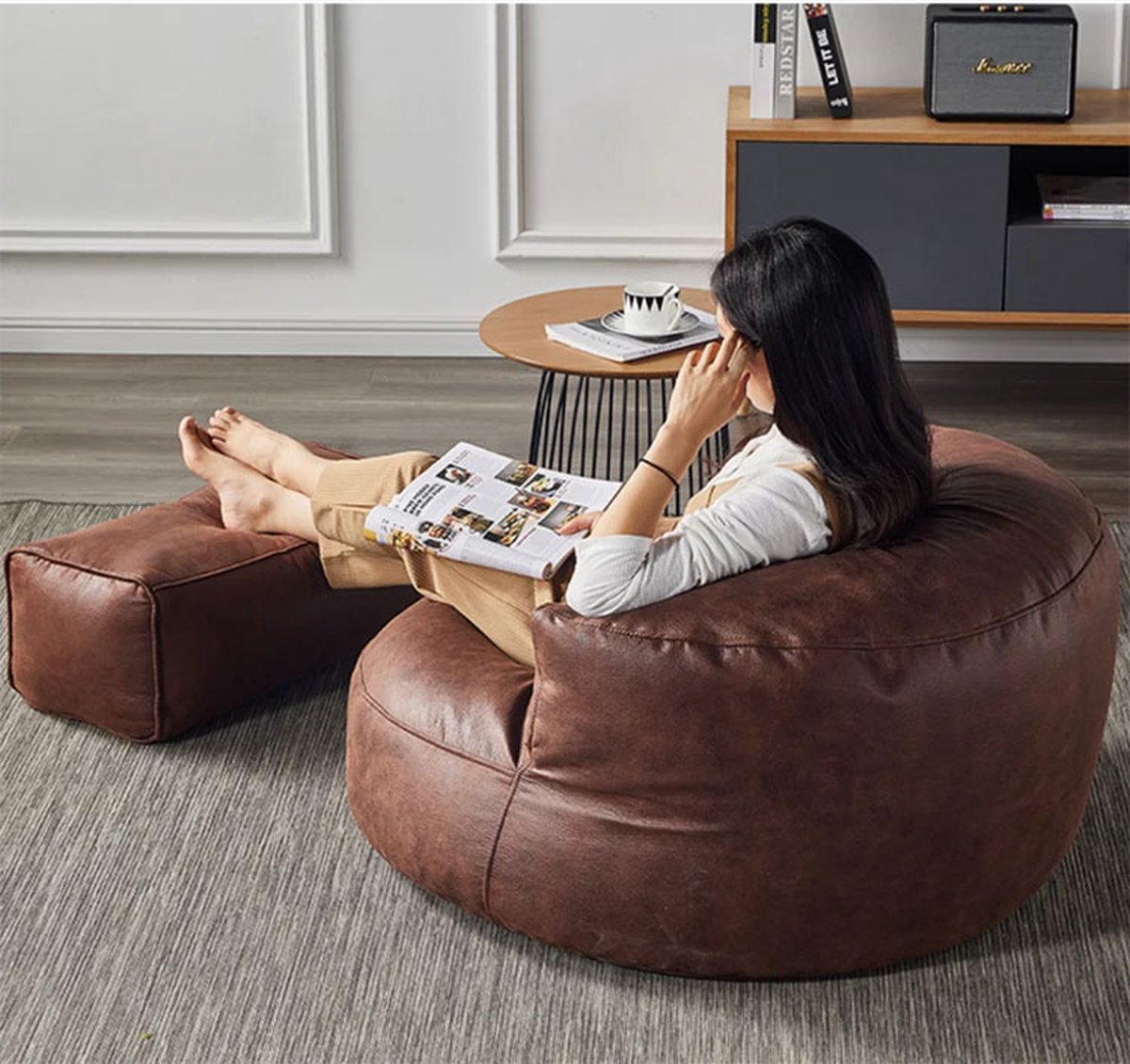 Luxe lederen poef - Lounge stoel - Zitzak - Huiskamer - Slaapkamer ...