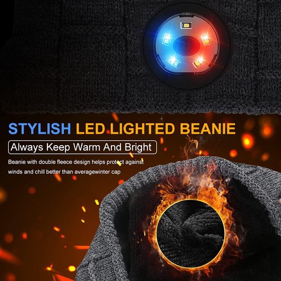 nieuwe Bluetooth beanie muts met licht, mannen 5 LED Bluetooth muts ...