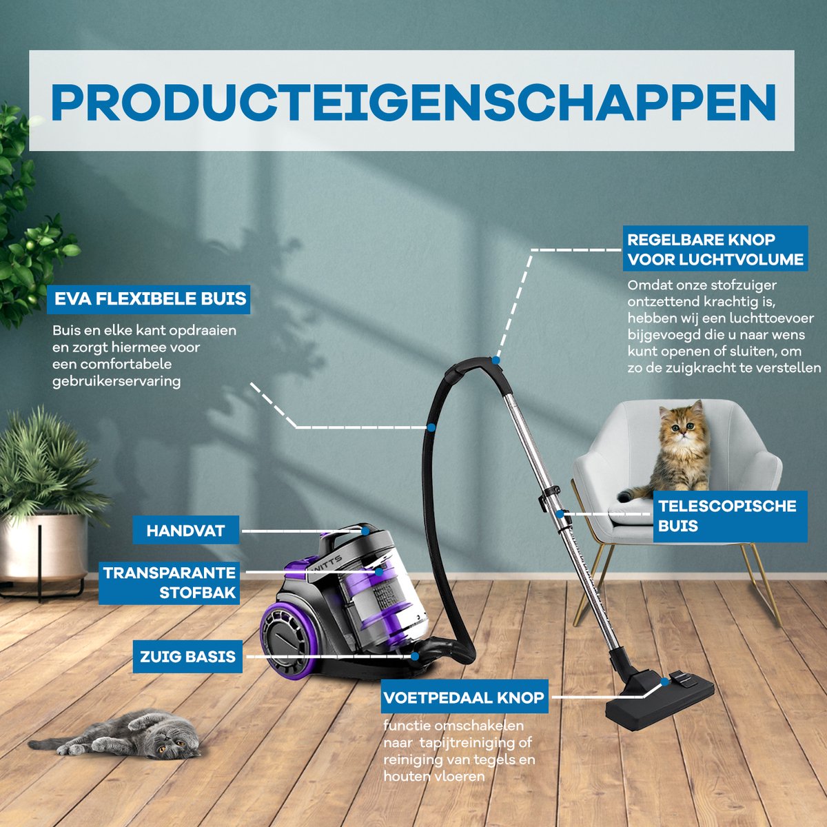 WITTS Luxe Stofzuiger - Stofzuiger zonder Zak - 30 kPa - Stofzuigers ...