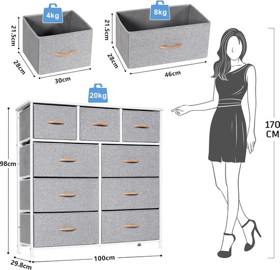 Commode met laden van stof, dressoir met 9 stoffen laden, ladekast ...