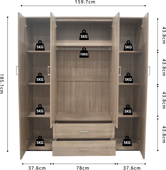 Kledingkast Jean Sonoma - Breedte 160 cm - Hoogte 185 cm - Diepte 52 cm ...