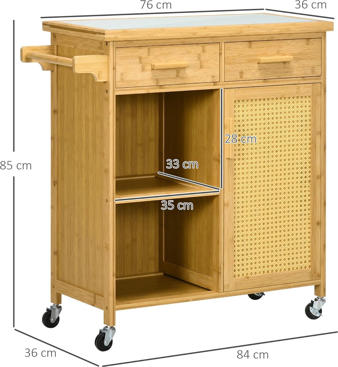 Keukentrolley met lade, kast, open planken, serveerwagen, opbergwagen ...