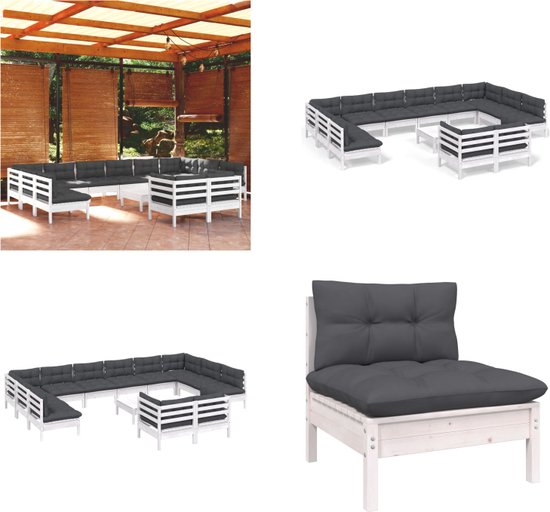 vidaXL 13-delige Loungeset met kussens grenenhout wit - Loungeset ...