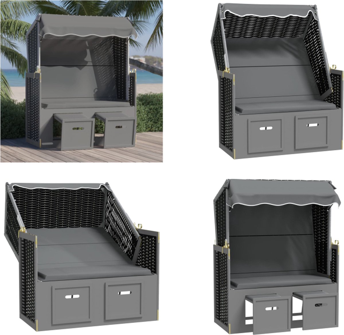 vidaXL Strandstoel met luifel poly rattan en hout antraciet en zwart ...