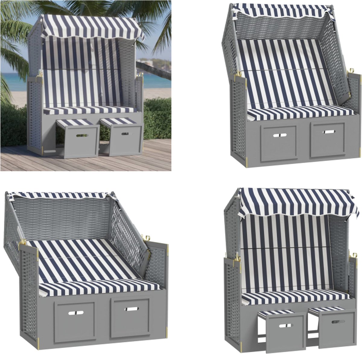 vidaXL Strandstoel met luifel poly rattan en massief hout blauw en wit ...