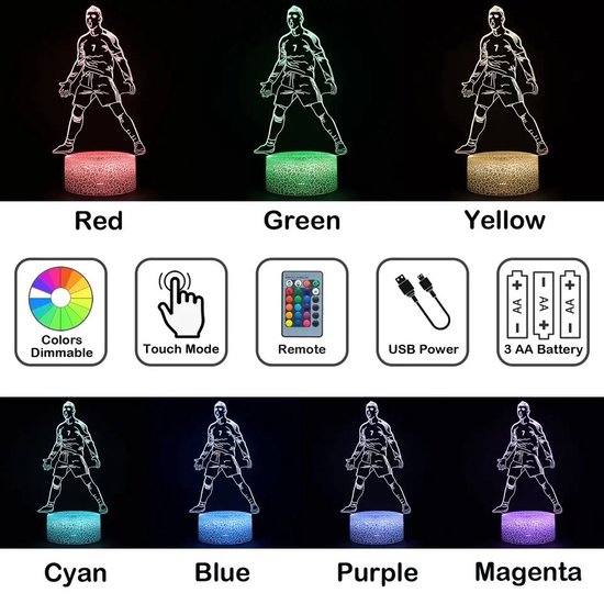 3D Nachtlamp - 16 kleuren - Cristiano Ronaldo - CR7 - Voetbal - LED ...
