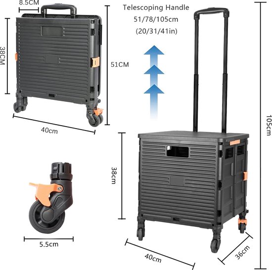 Opvouwbare trolley met wielen, 1,93 m3/50 kg roestvrij staal met hoge ...