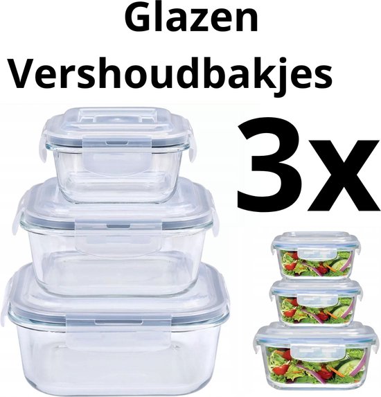 3x Glazen vershoudbakjes, meal bakjes, glas, 300, 800, 1200 ml , 3 ...