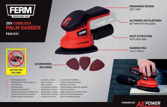 FERM - AX-POWER - PSM1031 - Accu schuurmachine - 20V - 145x100mm ...