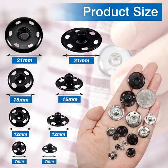 120 sets drukknopen om te naaien, van metaal, zwart en zilver, 7 mm, 12 ...