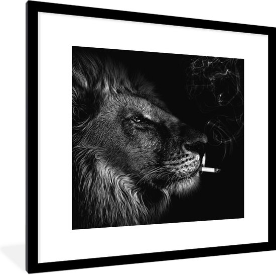 Fotolijst incl. Poster - Leeuw - Roken - Zwart - Wit - 40x40 cm ...