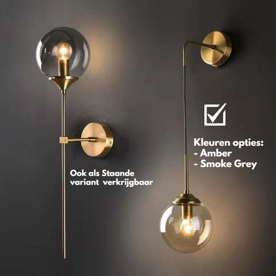 Design wandlamp | Glazen bol hangend | Met gouden arm | Smoke Grey ...