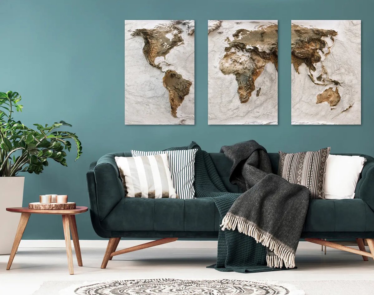 Wereldkaart drieluik op houten plaat | 3x 30cm x 45cm | 100 gratis ...