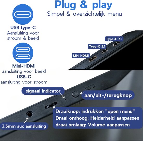 Farfi - Draagbaar beeldscherm 11.6 inch - 1 kabel-model - Plug & Play ...