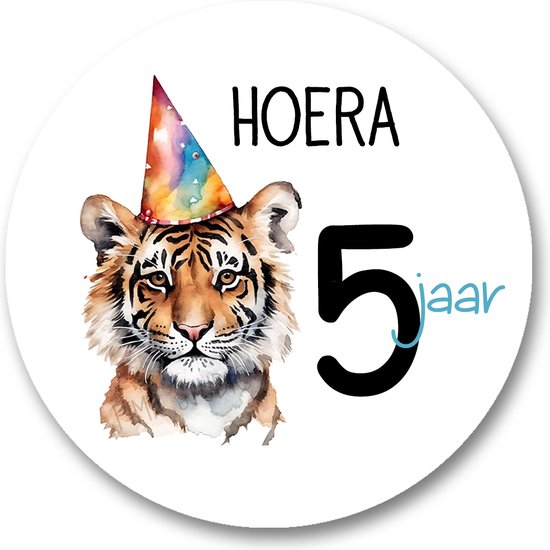 Traktatiesticker Hoera 5 jaar Tijger | Traktatie Sticker | Tijger ...
