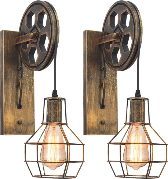 Industriële wandlampen, 2 stuks, vintage wandlampen in katrol ontwerp ...