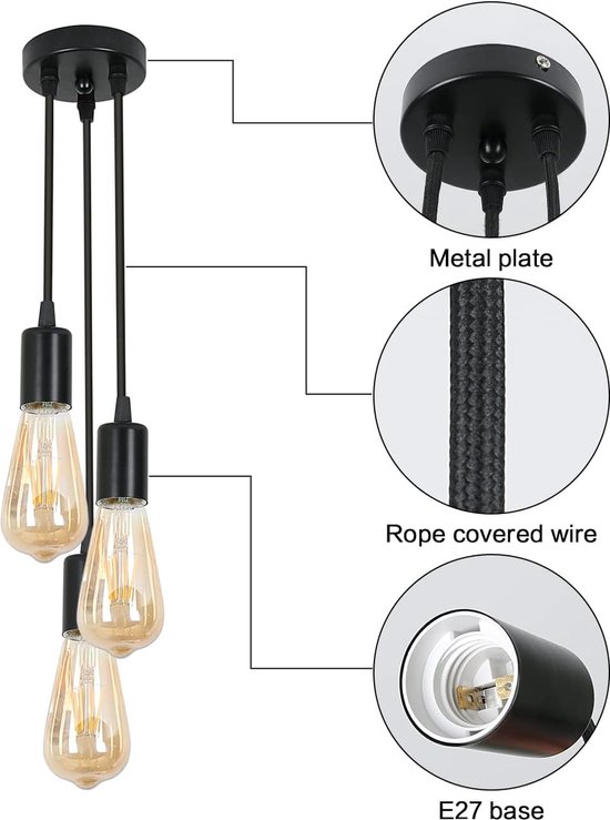 Hanglamp - 55cm - Groot - E27 - 3 Vlammen Ijzeren Kroonluchter ...
