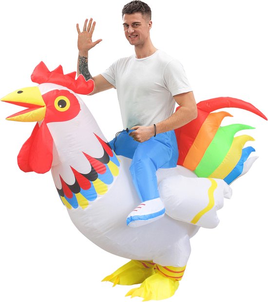 KIMU® Opblaas Kostuum Zittend op Kip Wit Regenboog - Opblaasbaar Pak ...