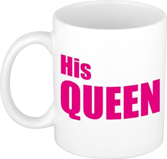 His Queen cadeau koffiemok / theebeker wit met roze blokletters - 300 ml - keramiek -... | bol.com