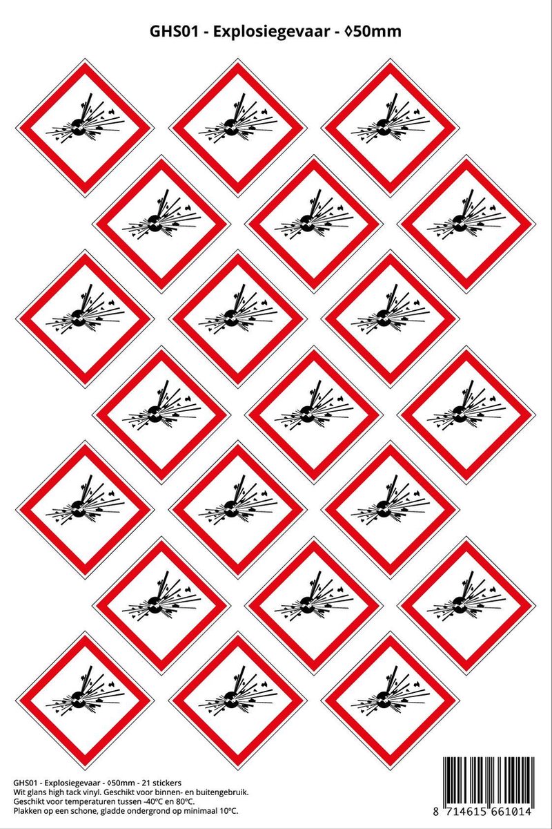 Pictogram sticker GHS01 - Explosiegevaar - 50 x 50mm - 21 stickers op 1 ...