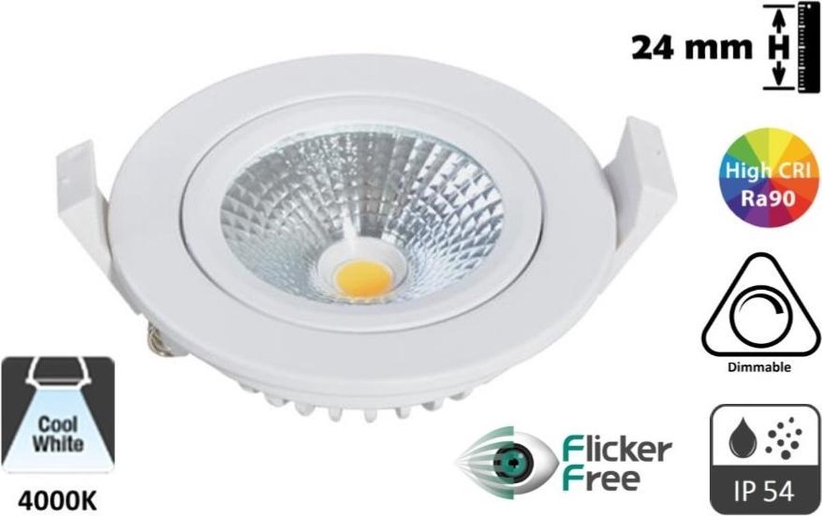 Inbouw LED Spot 5w Flat, 450 Lumen, 4000K, Kantelbaar, IP54, Dimbaar ...