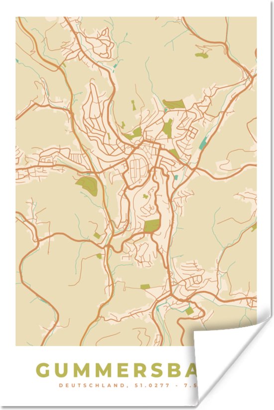 Poster Kaart - Gummersbach - Stadskaart - Plattegrond - Vintage - 60x90 ...