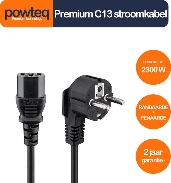 Powteq - 5 meter premium stroomkabel - Schuko naar C13 - Zwart - Tot 10 ...