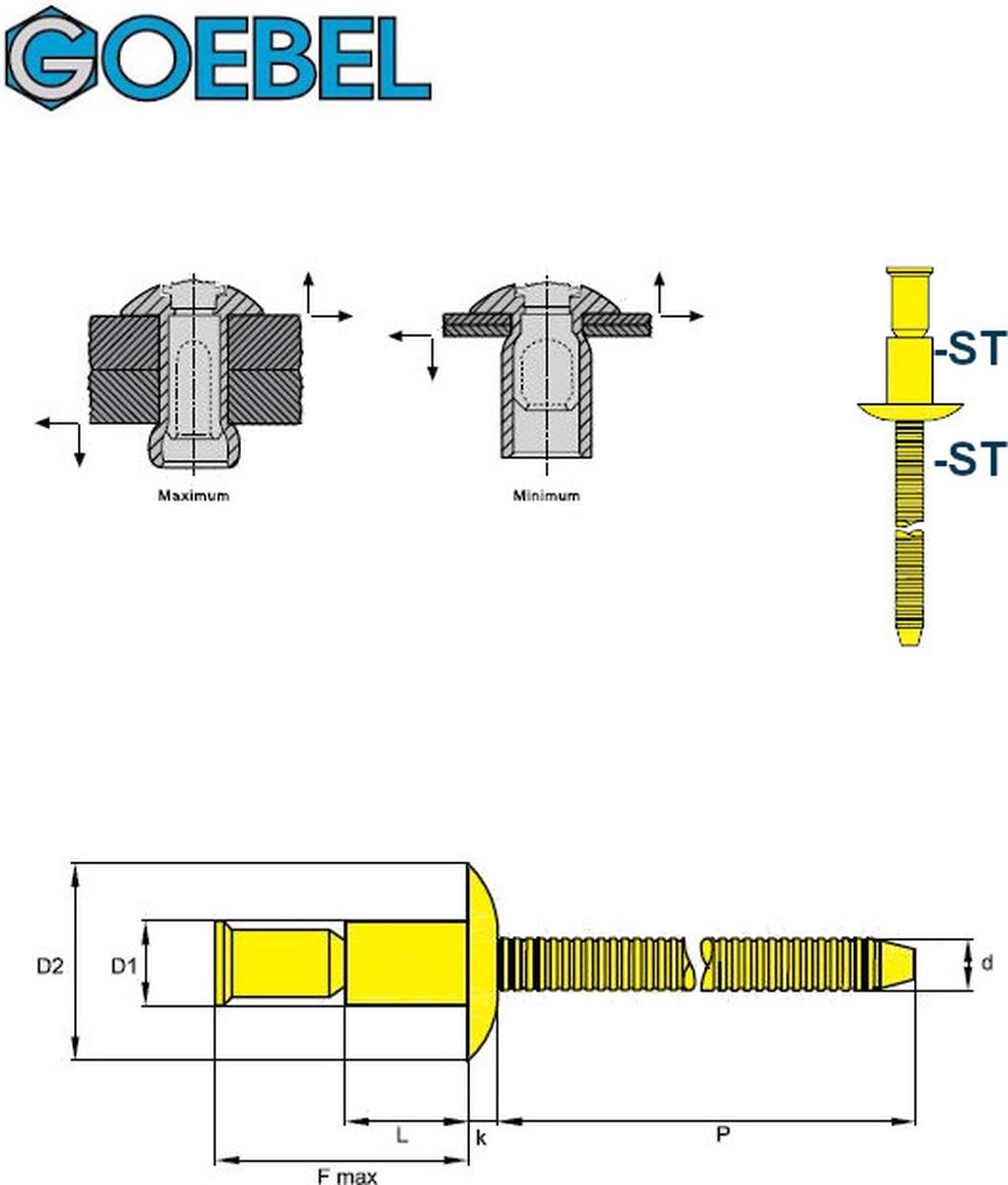 GOEBEL® - 250 x Rivets aveugles de construction 6,4 x 14,5 mm - Acier ...