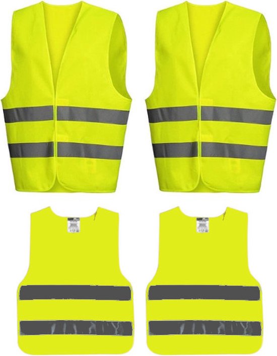 4x Veiligheidsvesten/hesjes geel voor volwassenen/kinderen - luxe ... 4x Veiligheidsvesten/hesjes geel voor volwassenen/kinderen - luxe ...