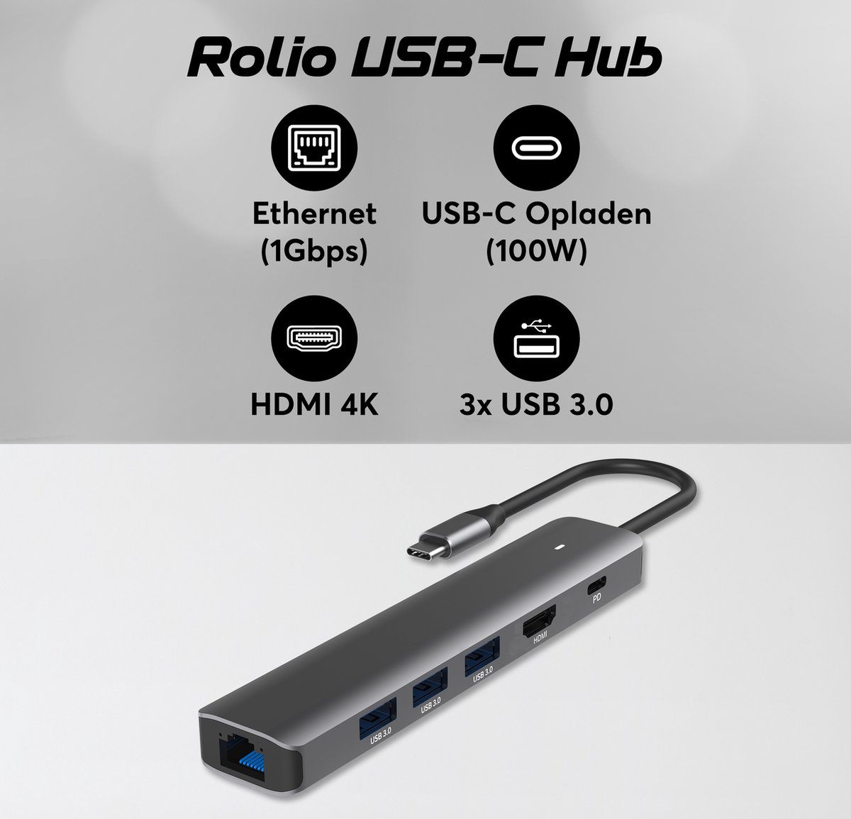 Rolio USB C Hub - 1Gbps Ethernet LAN - HDMI 4K - USB-C opladen - USB 3.0 | bol