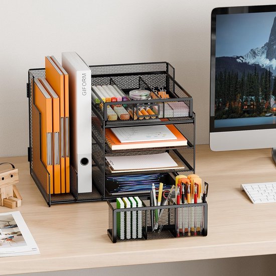 Bureau-organizer met aktenhouder, 4-traps papierorganizer met lade en ...
