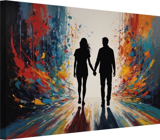 Hand in hand in een wereld van kleur wanddecoratie - Koppel portret ...