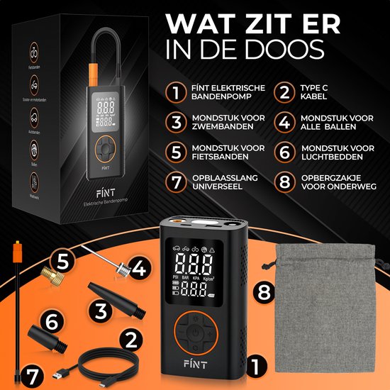 FÍNT® V2 Elektrische Fietspomp - Incl. Opbergtas en 5 Opzetstukken ...