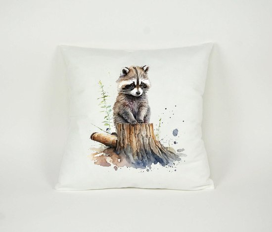 Kussen - Baby Wasbeer op boomstronk Aquarel - Dieren Kussen ...