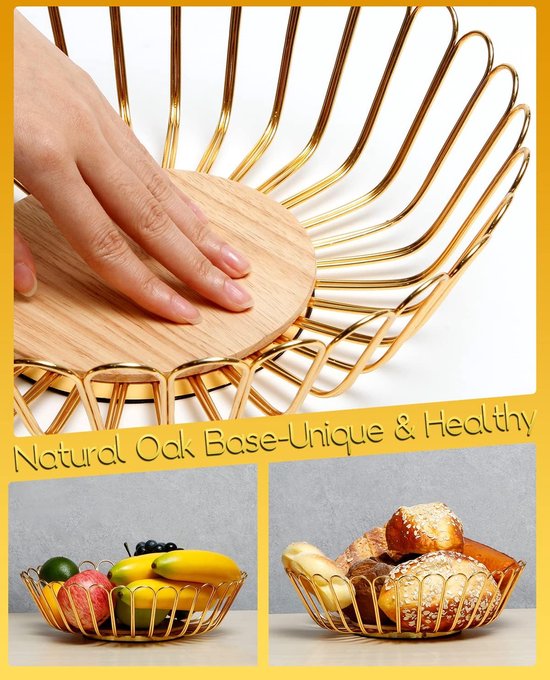 Gouden Fruitschaal, 30x9cm Groot Fruitmand met Houten Voet, Metaal, Modern | bol