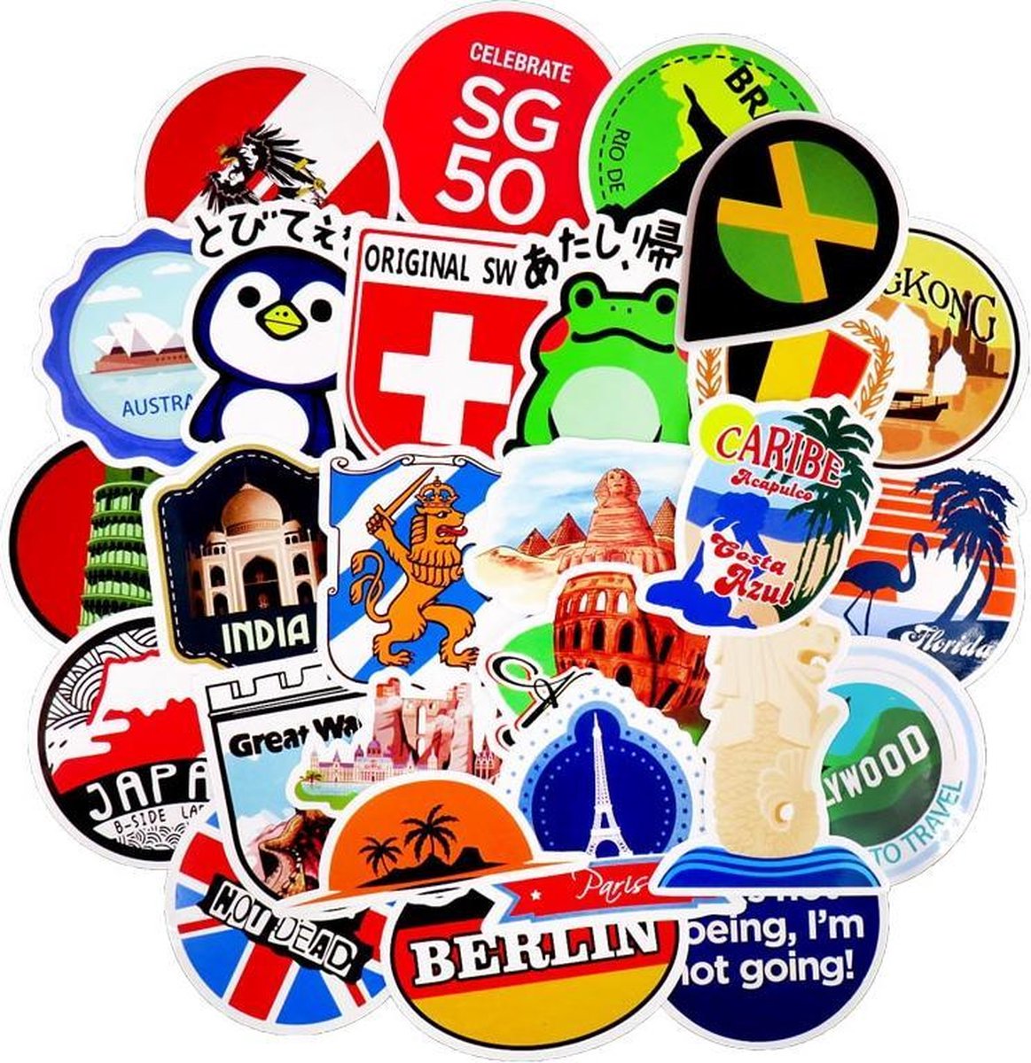 50 Reis / Landen / Vlaggen Stickers – Celvar – Hoge kwaliteit PVC ...