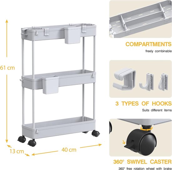 3-laags trolley Keukentrolley Niskast met wielen Multifunctionele ...