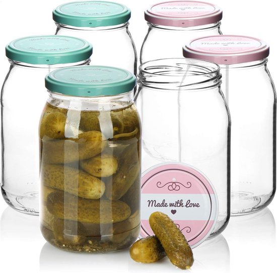 6 weckpotten met schroefdeksel in groen en roze, inhoud ca. 920 ml | bol